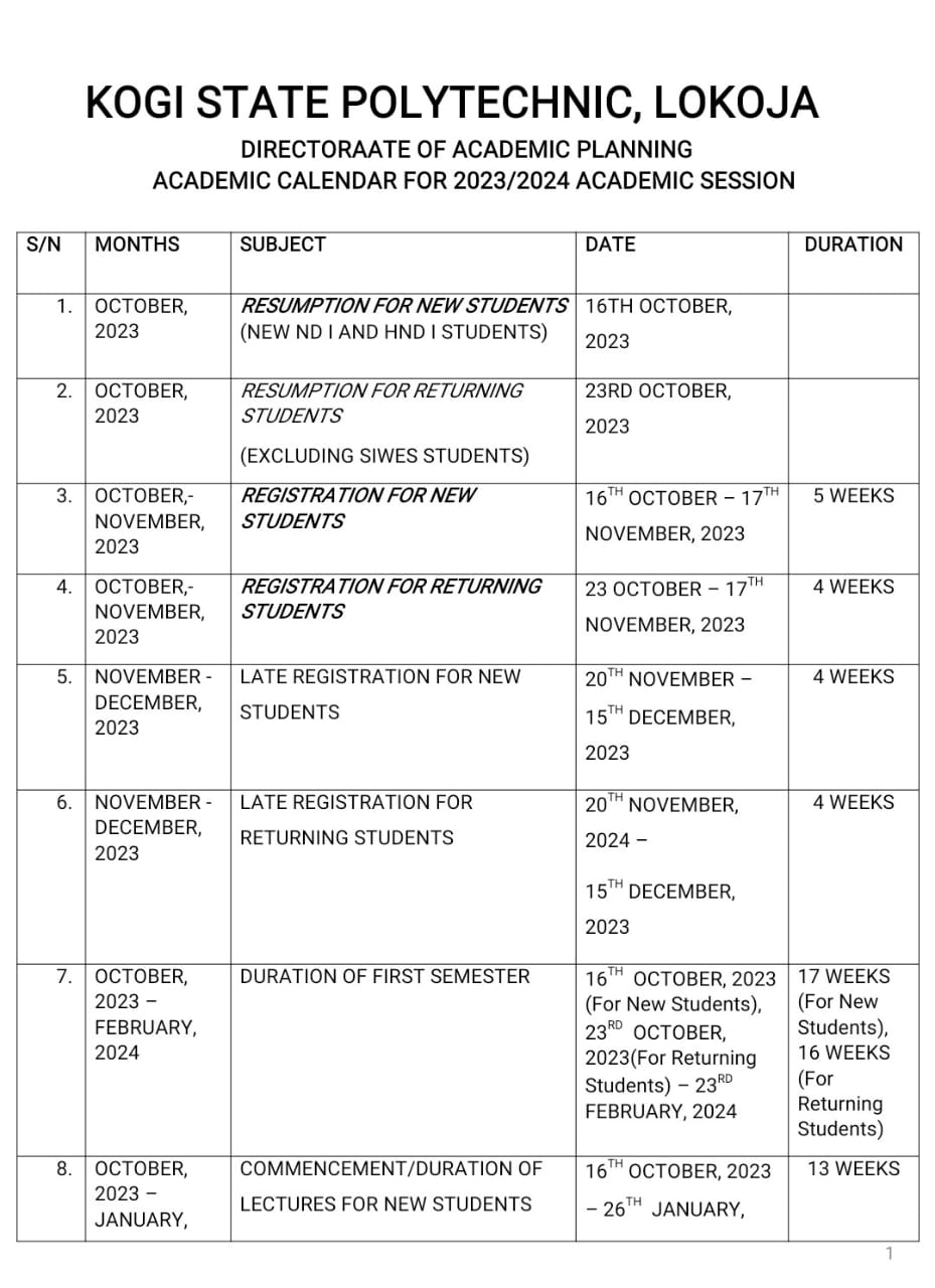 KOGI POLY ANNOUNCES OCTOBER 16, 2023 AS RESUMPTION DATE FOR 2023/2024 ...